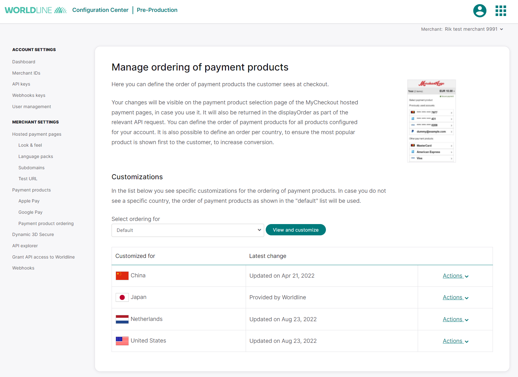 Ordering of payment products